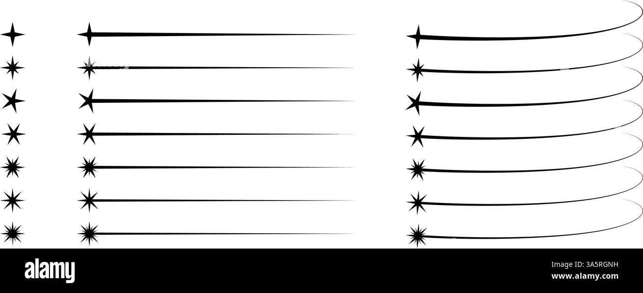 Falling star shape. Comet trail icons set. Abstract shooting star ...