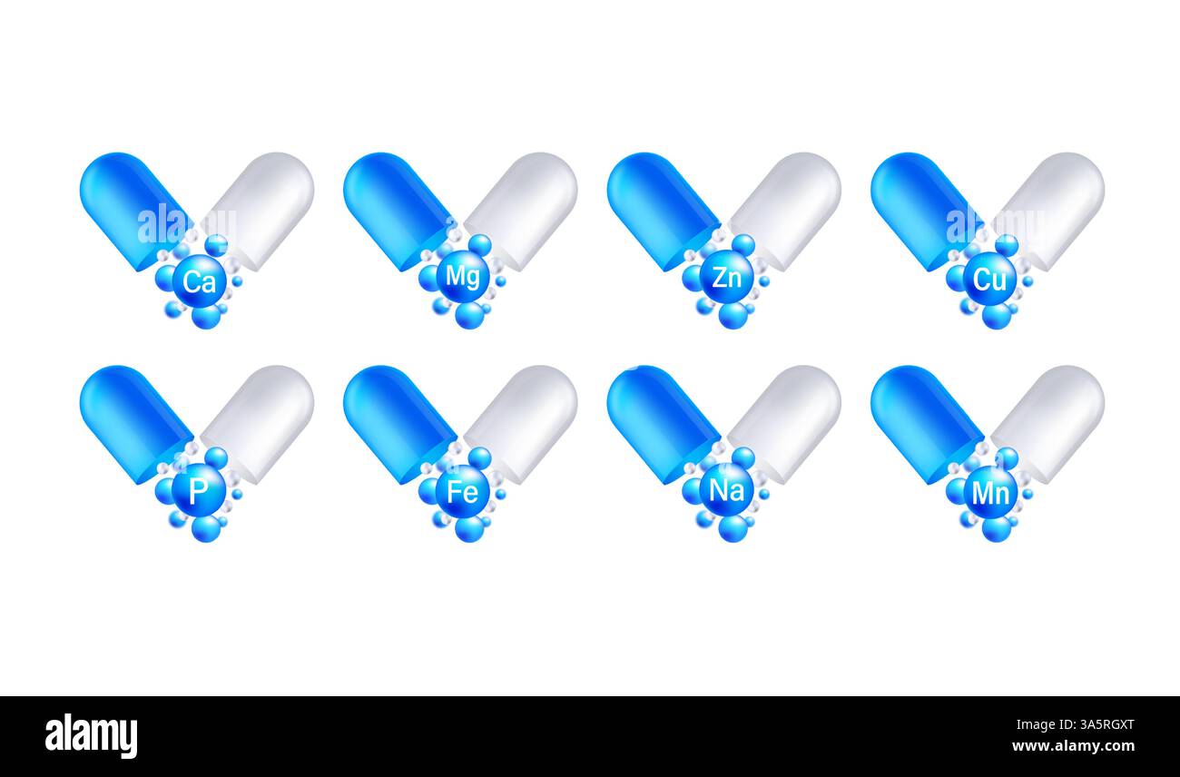 Mineral complex of healthy nutrition. Vector creative design with blue ...