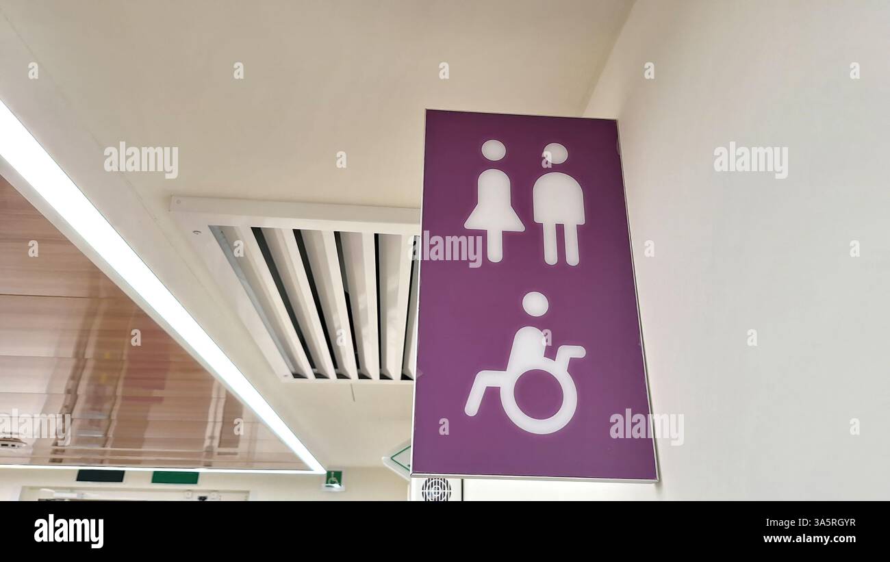 Purple accessible restroom sign with male, female, and wheelchair ...
