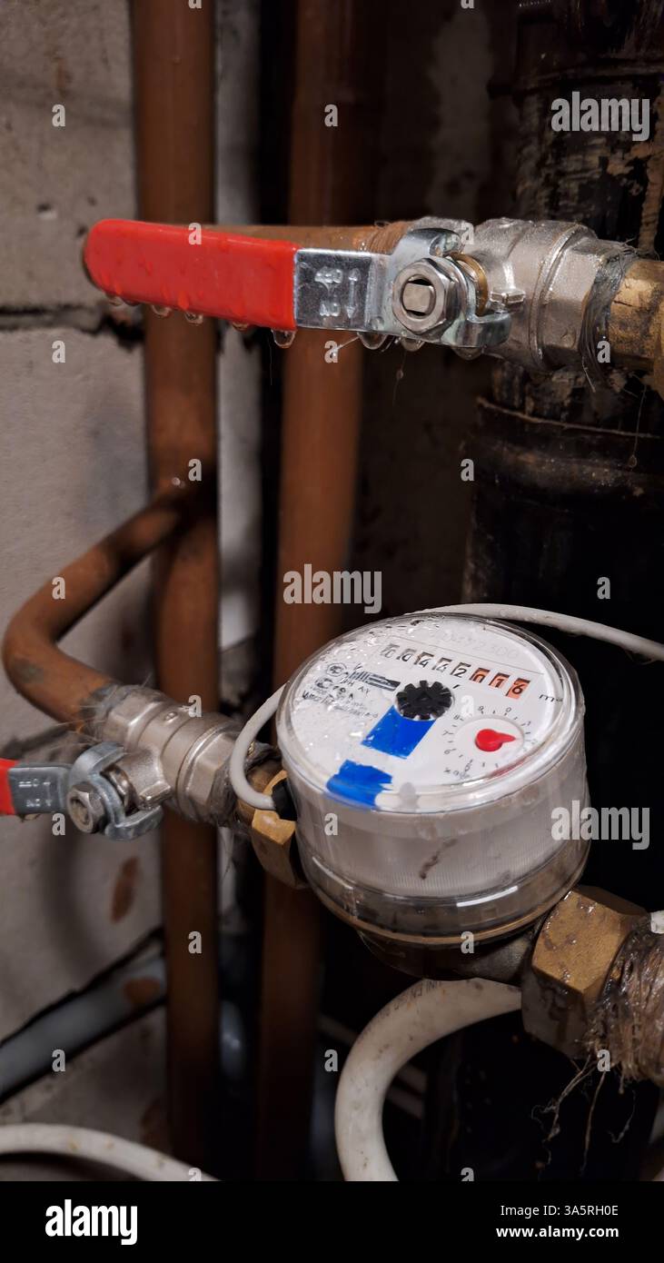 Close-up of residential water meter with red valve handles on copper ...