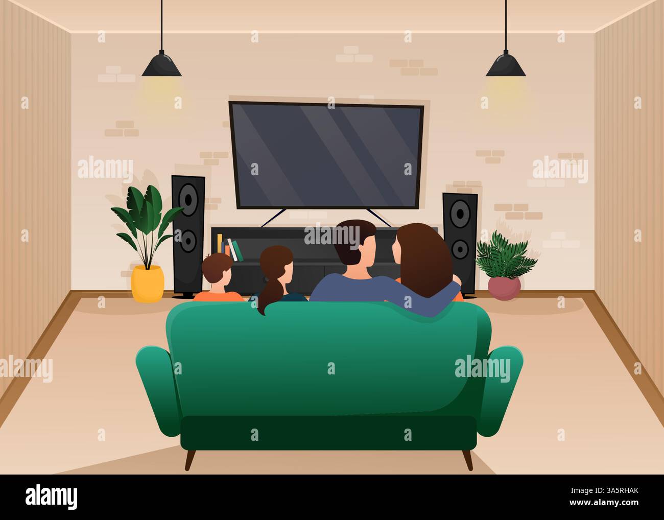 Illustration with living room design with sitting family. Cartoon ...