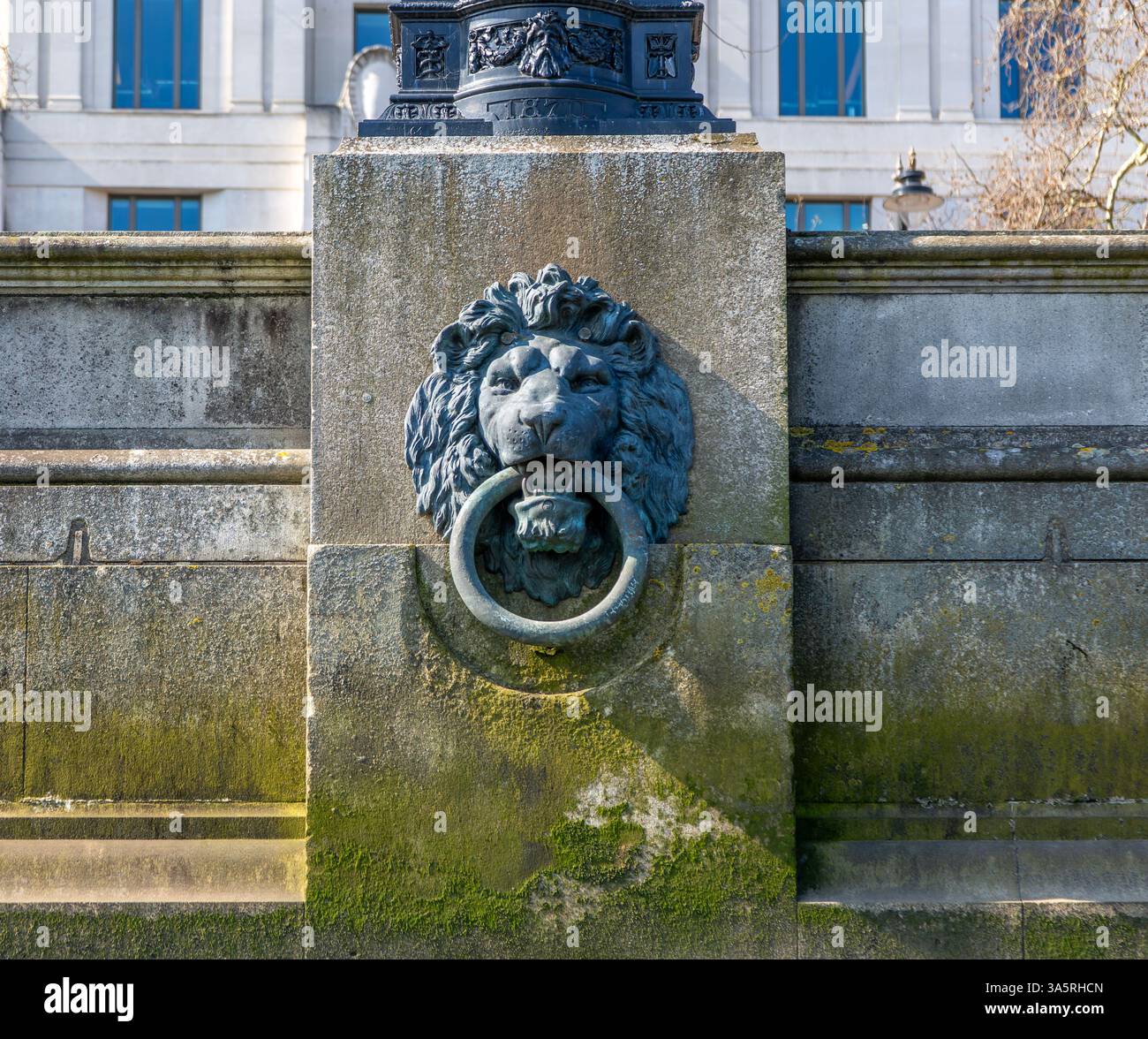 Bronze Lion head mooring ring on the Bazalgette Embankment, Westminster ...