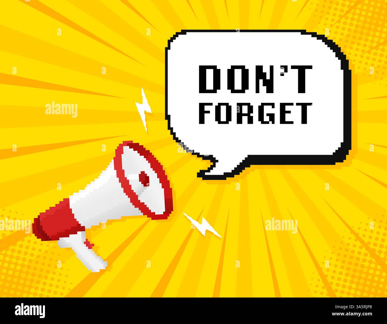 Do not forget. Reminder. Badge with megaphone icon. Pixel style ...