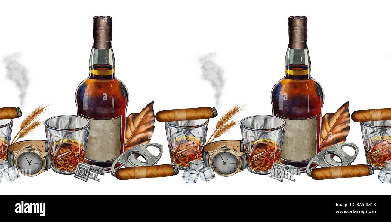 Seamless border with whiskey, cigars, ice, and accessories. Suitable ...