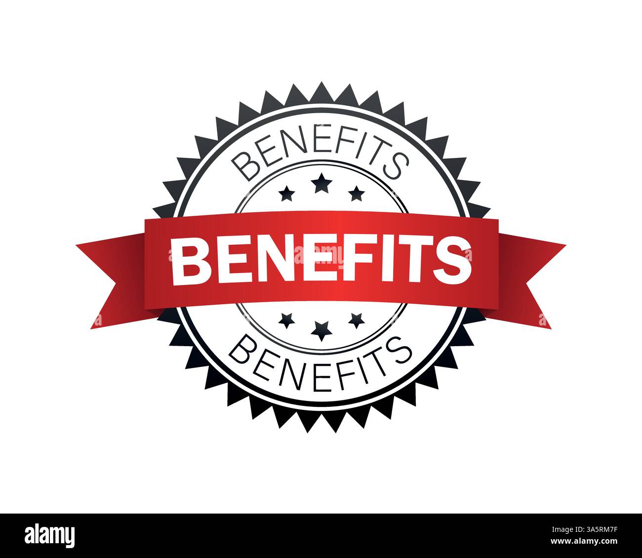 Benefits label. Benefits black-red stamp with band. Vector illustration ...