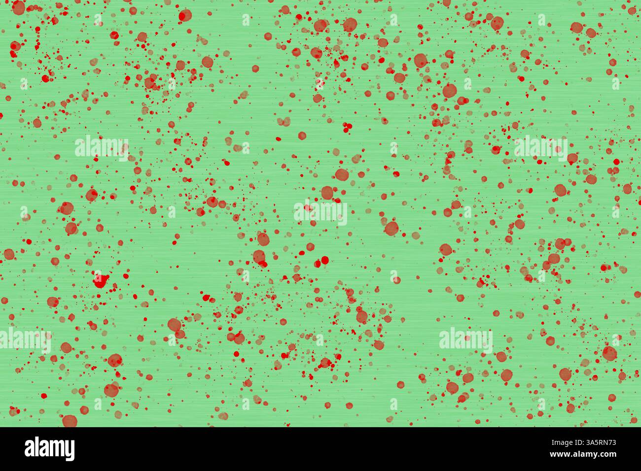 Abstract green background with random red paint splatters, creating a ...