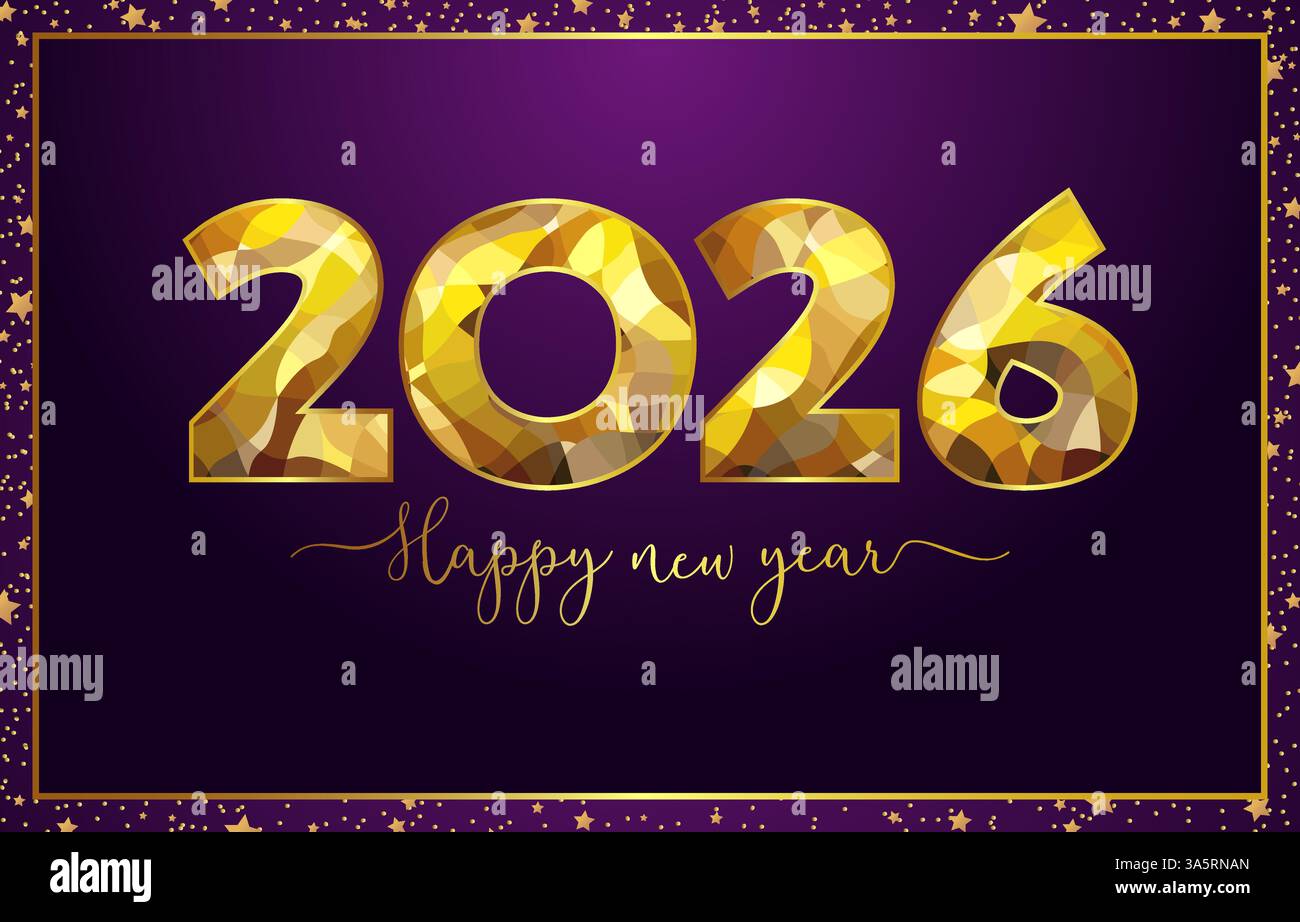 Happy New Year 2026 greeting card design. Postcard template with purple backdrop and shiny ...
