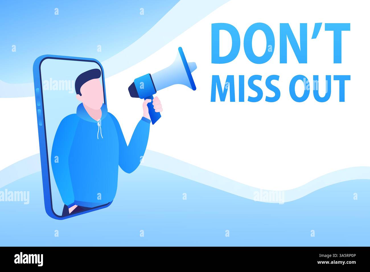Template with blue do not miss out man holding megaphone on white background for flyer design ...
