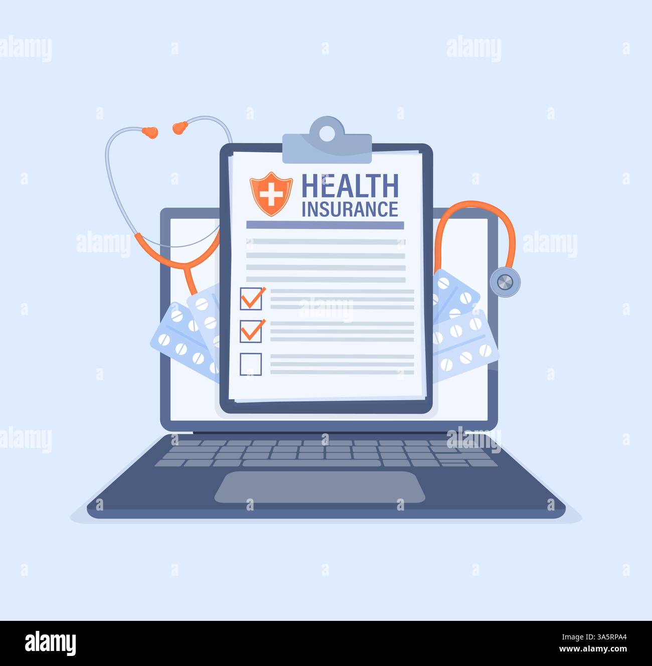 Vector illustration with health insurance concept. Big clipboard with ...
