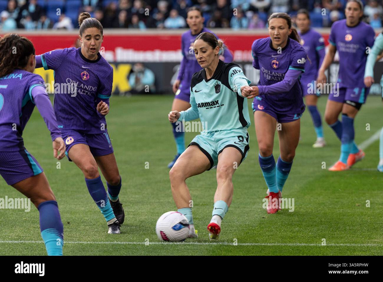 Harrison, USA. 23rd Mar, 2025. Esther Gonzalez (9) of Gotham FC control ...