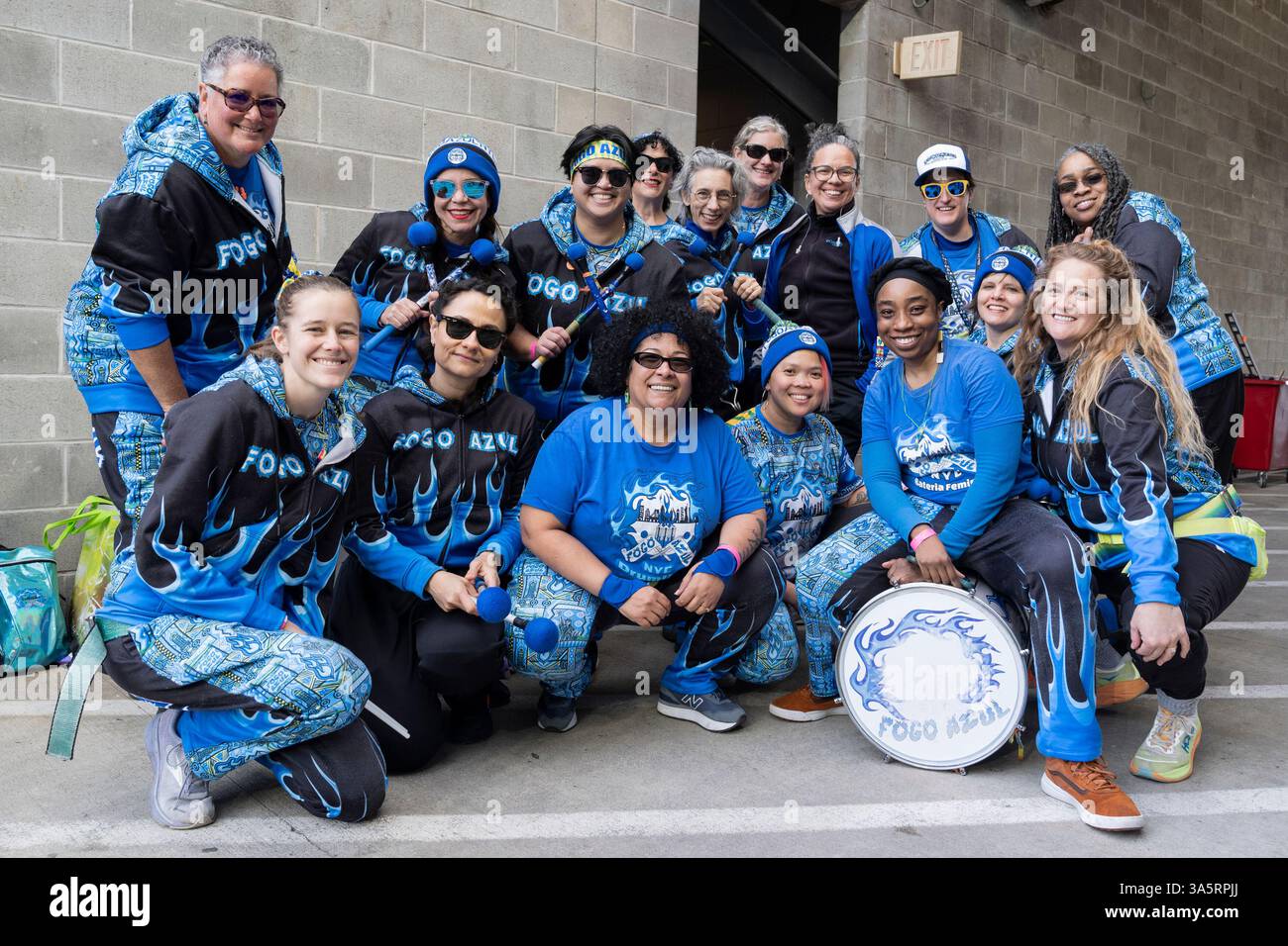 Harrison, NJ, March 23, 2025: Drum band Fogo Azul members pose before ...