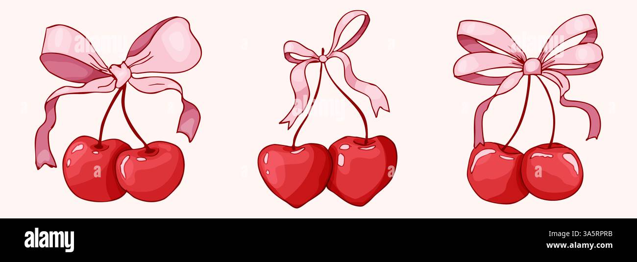 Cherry with bow coquette girly fruit, tie ribbon sketchy doodle drawing ...