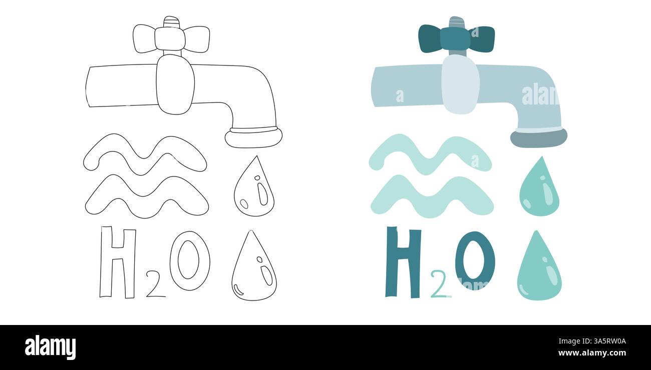 Minimal Illustration Of A Blue Water Tap With Droplets And H2o