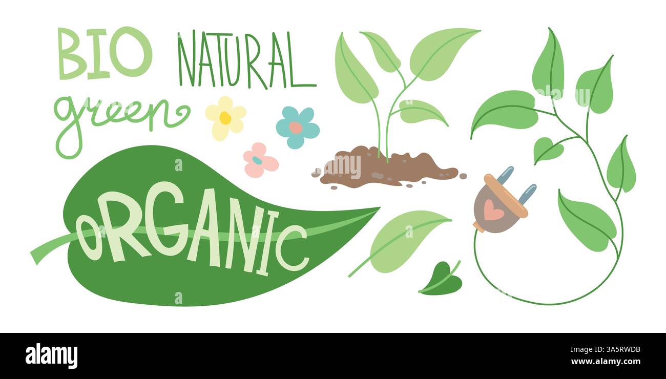 Eco concept illustration featuring bio, organic, and green text, with ...