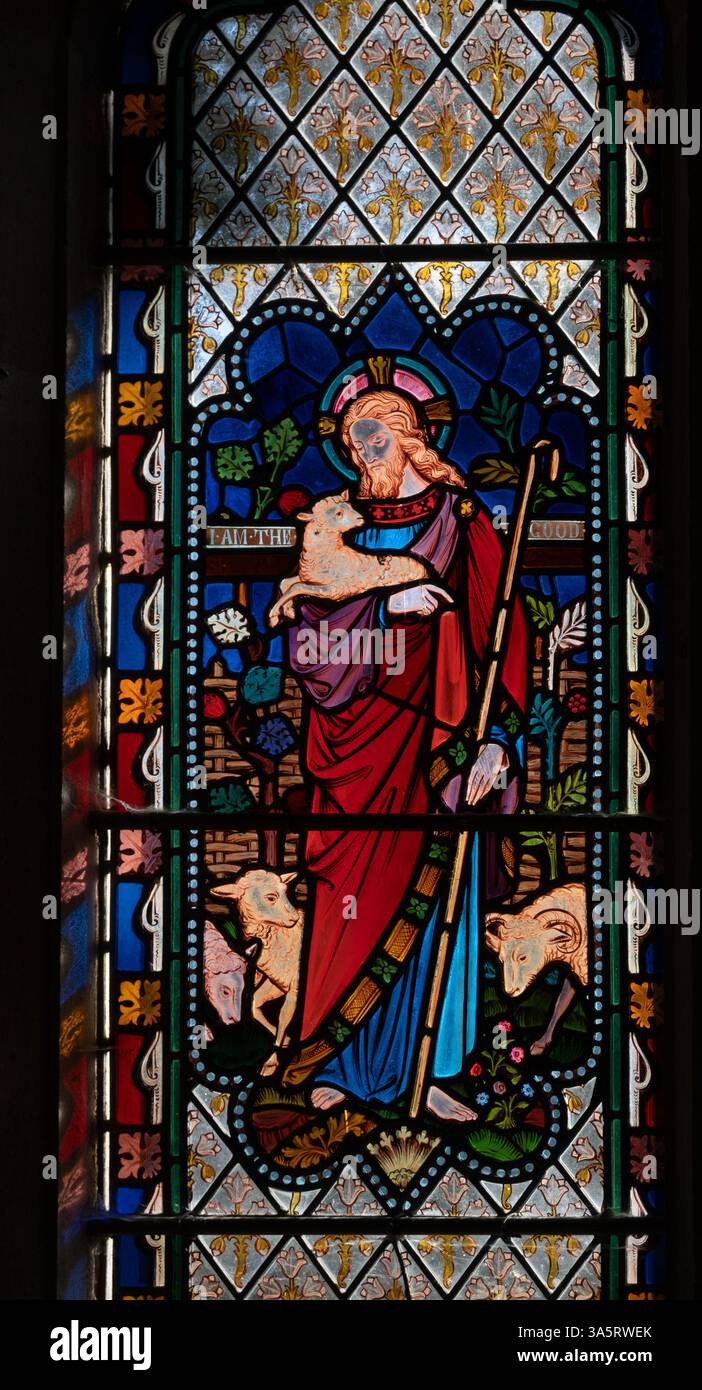 The Good Shepherd stained glass, St. Mary`s Church, Clipsham, Rutland ...