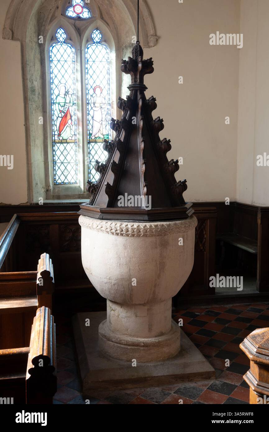 The font, St. Mary`s Church, Clipsham, Rutland, England, UK Stock Photo ...