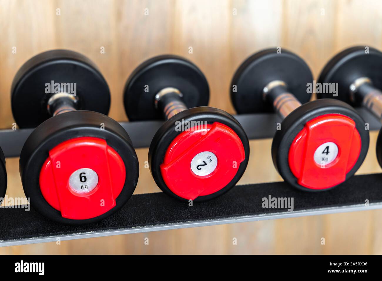 Stand with various dumbbells, weight training equipment, black dumbbell set on rack in modern ...