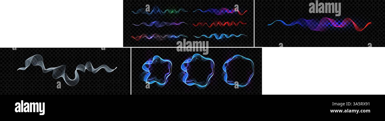Sound waves set, glowing equalizer lines, light electric pulses with neon glow. Audio frequency ...