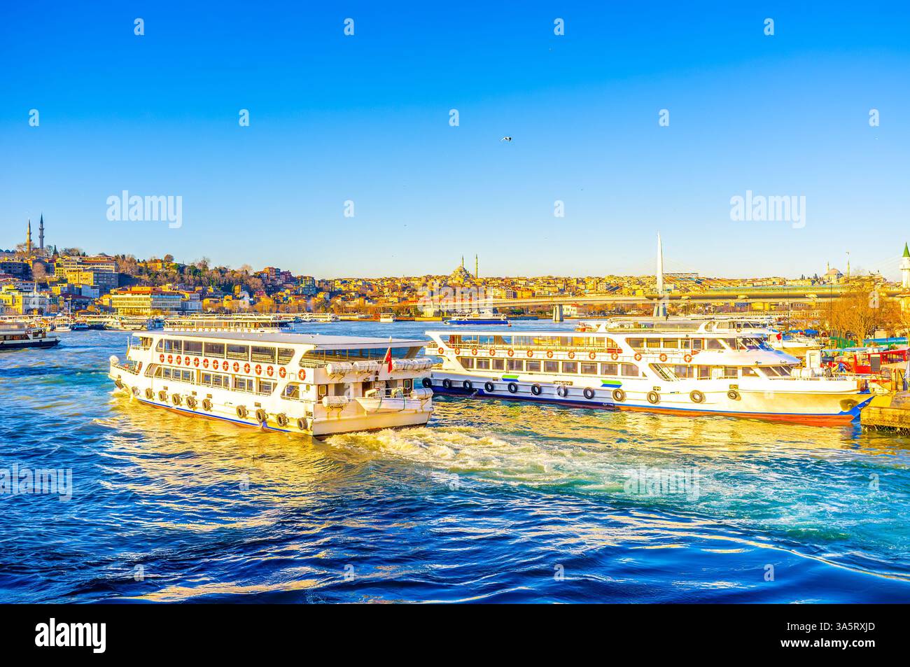 Passenger ferries at Karakoy pier next to Galata Bridge, Istanbul ...