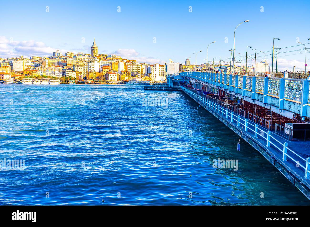Galata Bridge over Golden Horn Bay and Galata Tower in Bayoglu district ...