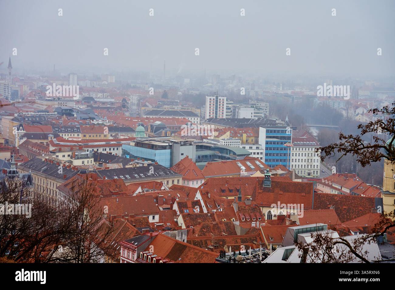 Graz cityscape on foggy day. Panoramic view of Graz, Austria with ...