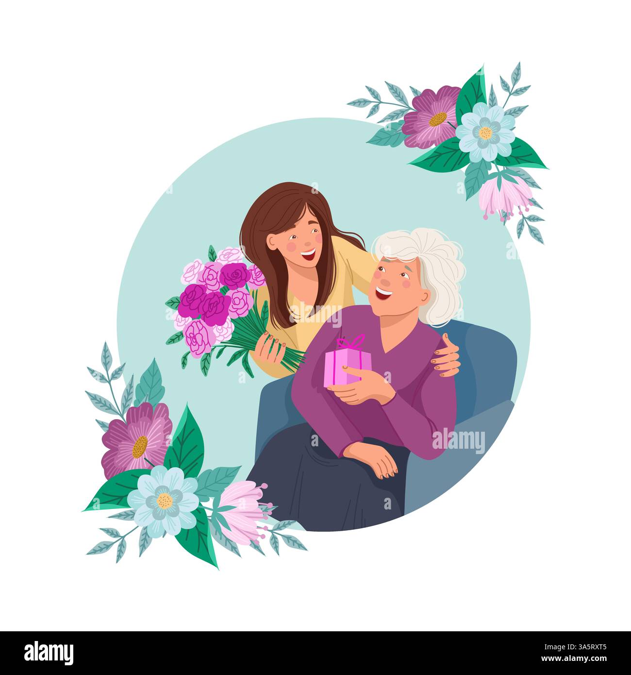 Adult Daughter And Mom On Round Background With Flowers Vector