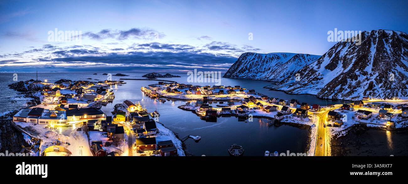 Fishing village of Sorvaer at dusk, Finnmark Stock Photo - Alamy