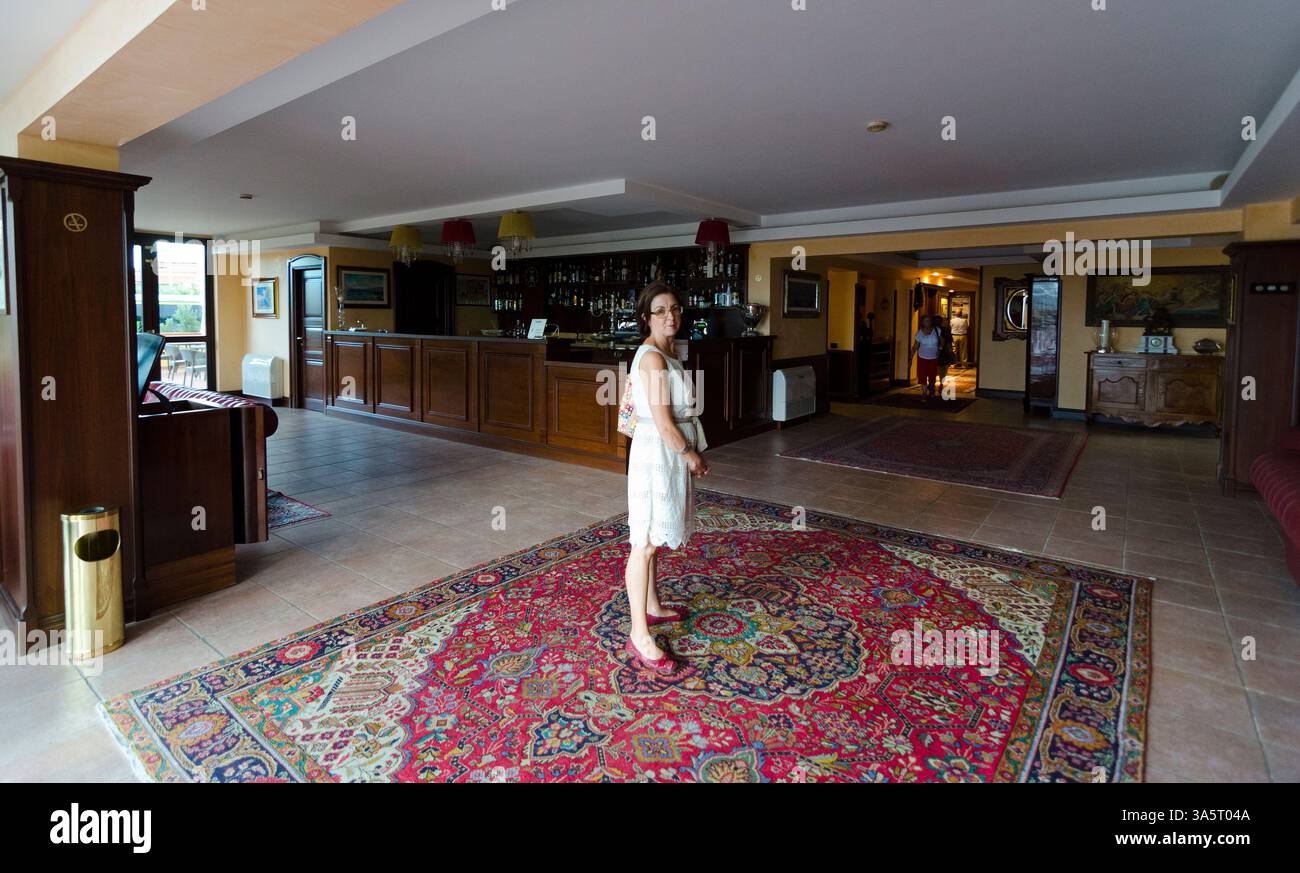 A well-lit hotel lobby featuring a guest, intricate Persian-style rugs ...