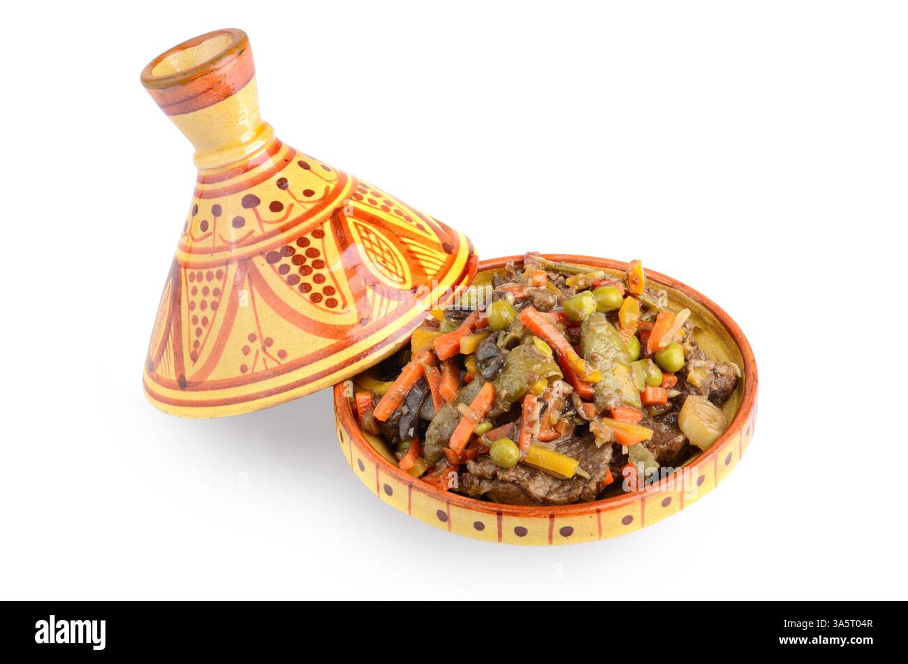 Open tajine full of meat and vegetables on a white background Stock ...