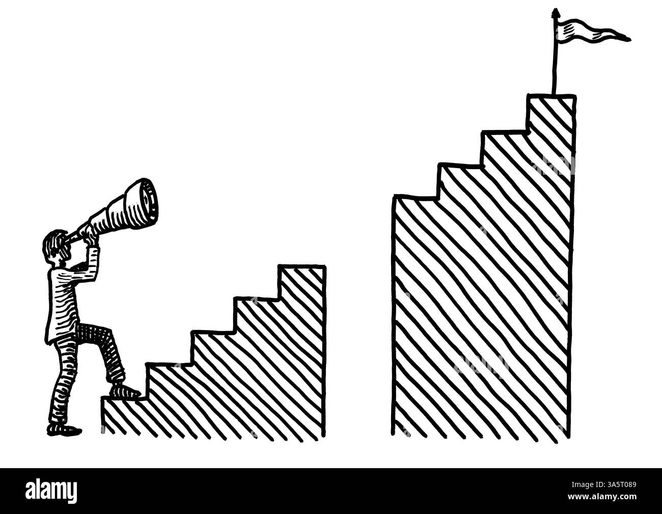 Freehand pen drawing of a business man aiming a telescope at the goal ...