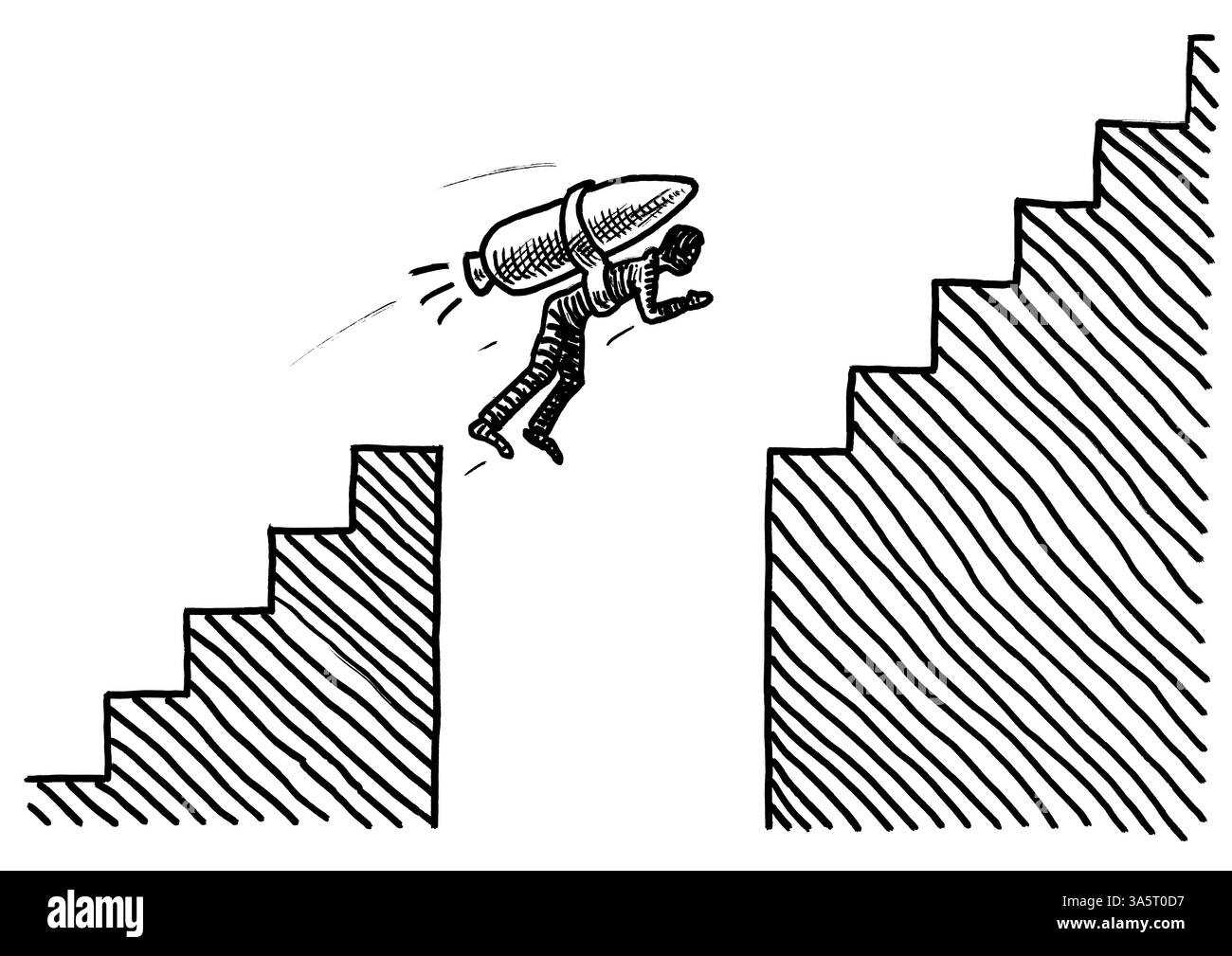 Freehand pen drawing of a man attached to a rocket overcoming a gap in ...