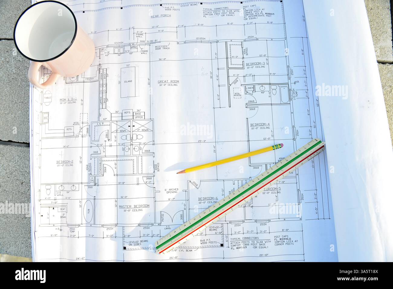 Floor plan blueprint with ruler and pencil on a construction sit Stock ...