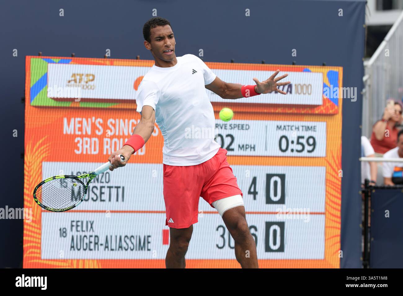 MIAMI GARDENS, FLORIDA - MARCH 23: Felix Auger Aliassime during Day 6 of the Miami Open at Hard ...