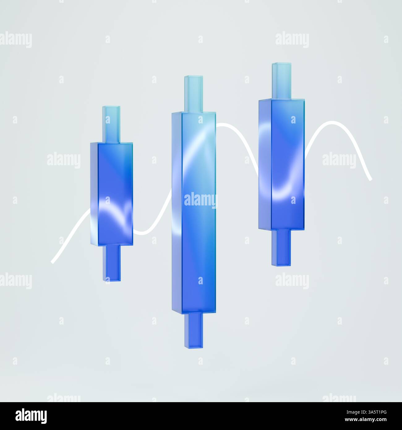 A 3D-rendered icon of a translucent blue glass stock market index graph ...