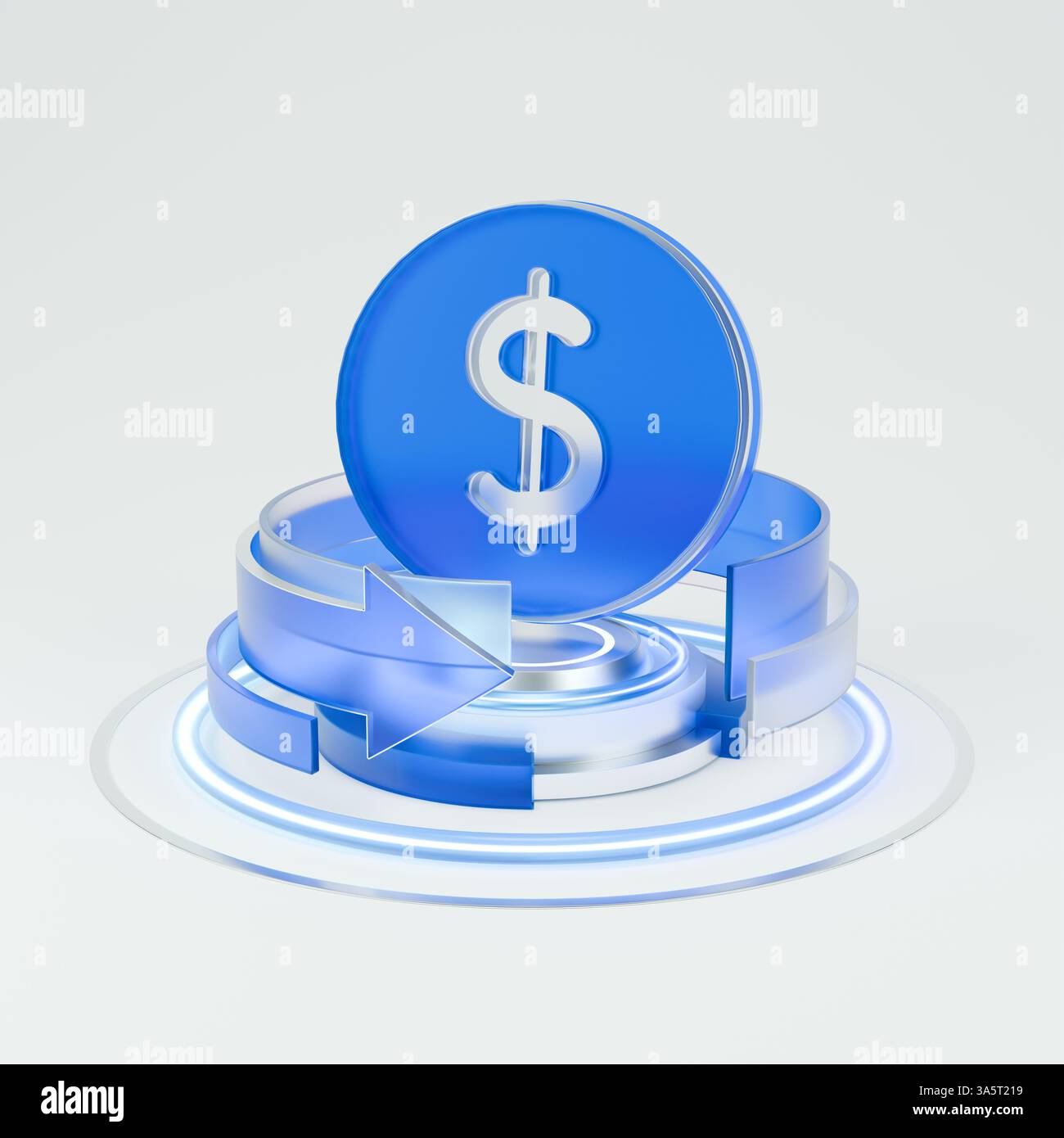 A 3D-rendered icon of dollar coin displayed on a glass podium Stock ...