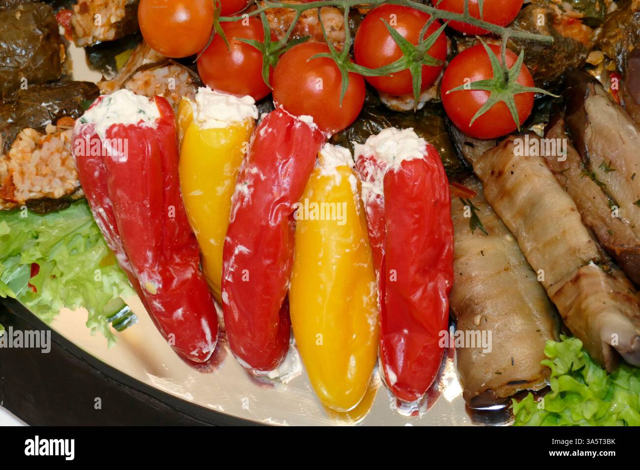 Peppers stuffed with cheese and vegetables on a buffet, Germany Stock ...