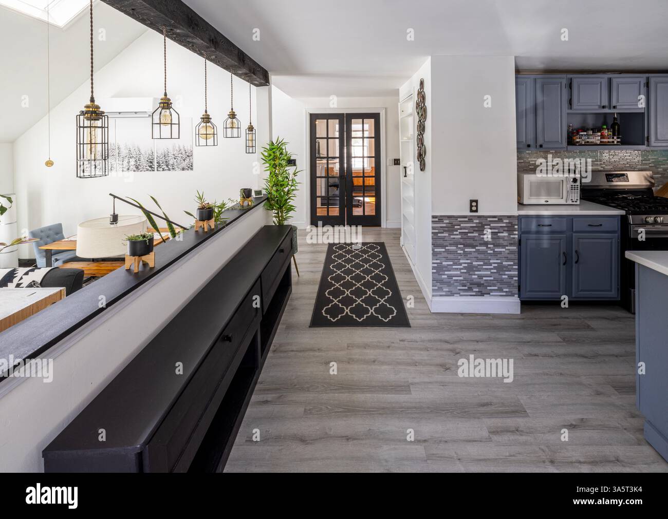 Modern home with white walls, carpets, lighting fixtures and plants ...