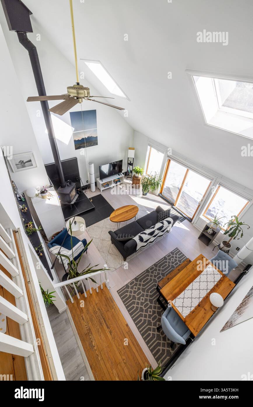 aerial view of modern living room interior with sofa and wood stove ...