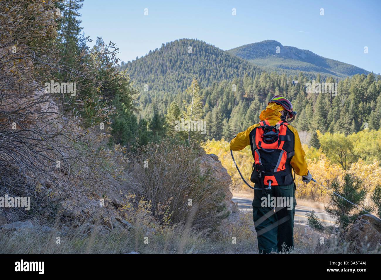 Wildland Firefighter uses backpack pump Stock Photo - Alamy