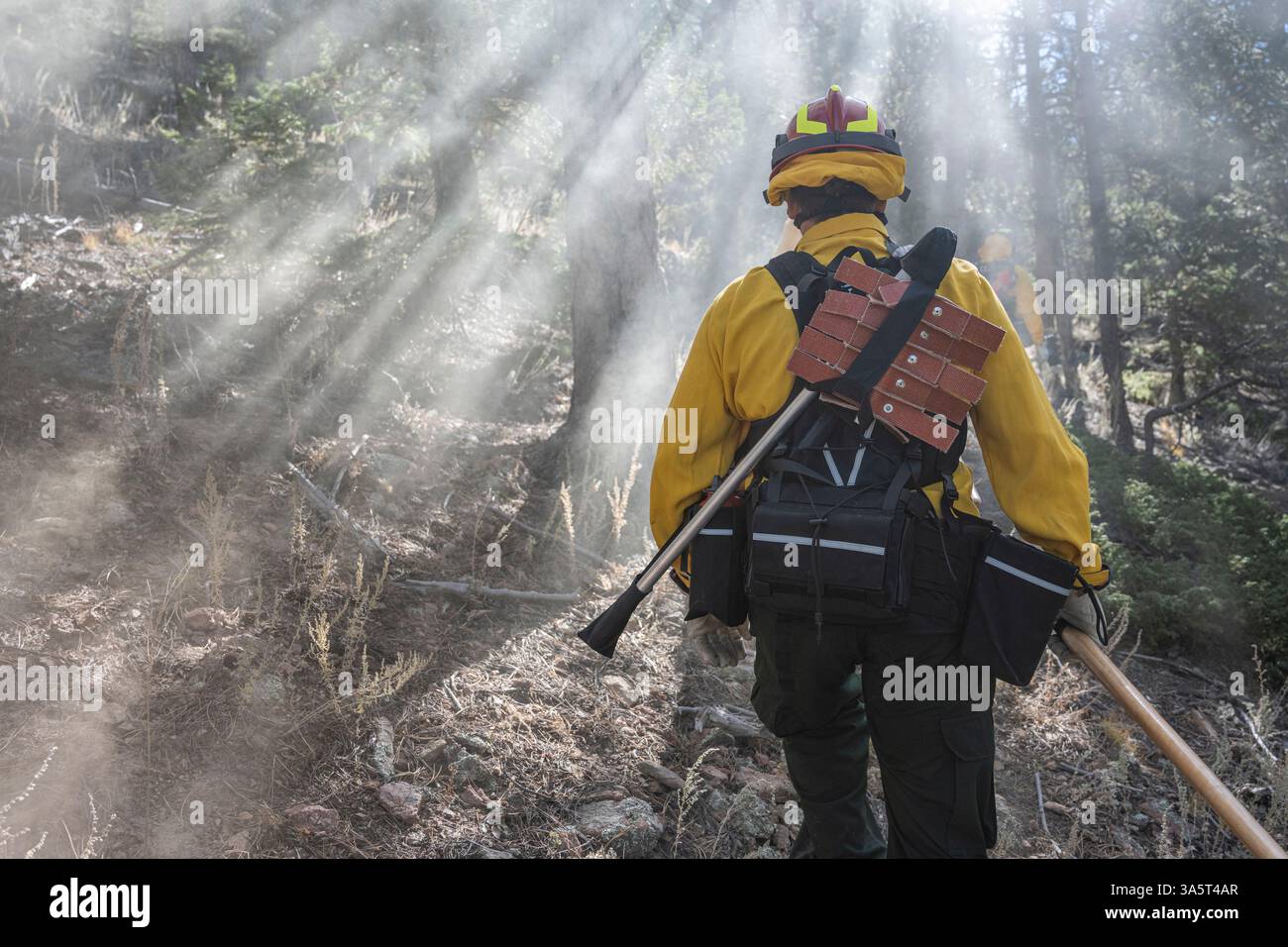 Wildland firefighter hikes through smoke Stock Photo - Alamy