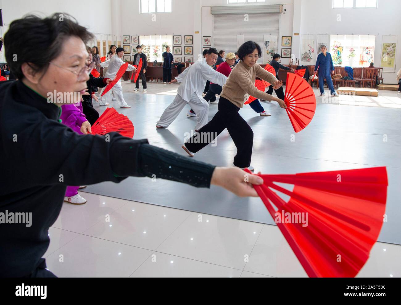 HAIAN, CHINA - MARCH 24, 2025 - Students practice Tai chi kung fu fans ...