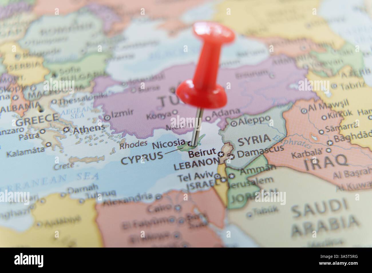 Close-up of a map with a red pushpin marking Cyprus. Travel, geography ...