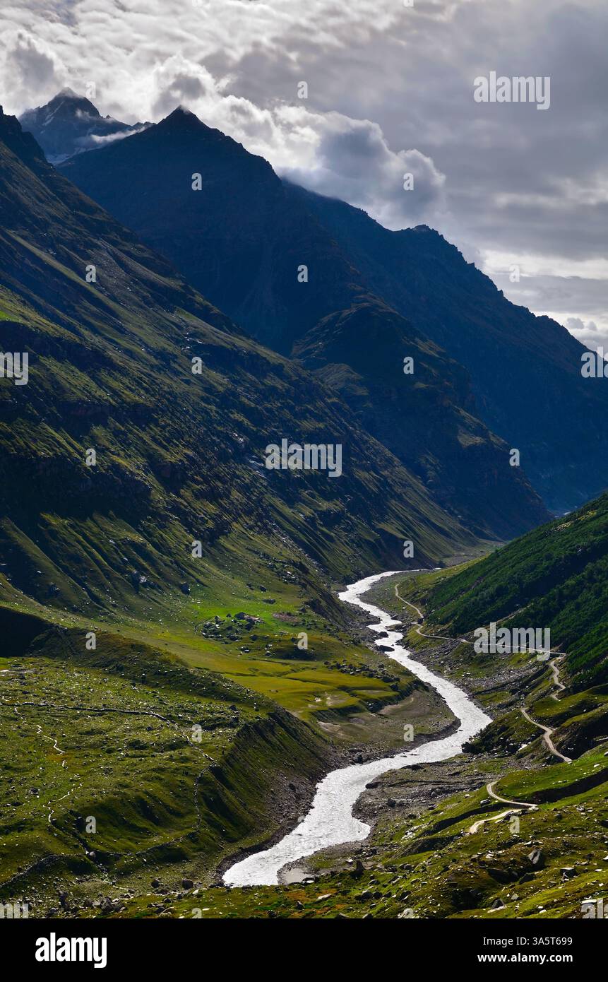 Mountains river in Lahaul valley in the Indian state of Himachal ...