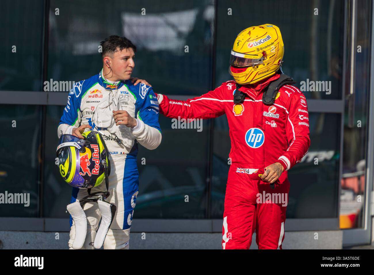 Shanghai, China. 22nd Mar, 2025. Lewis Hamilton and Isack Hadjar seen ...