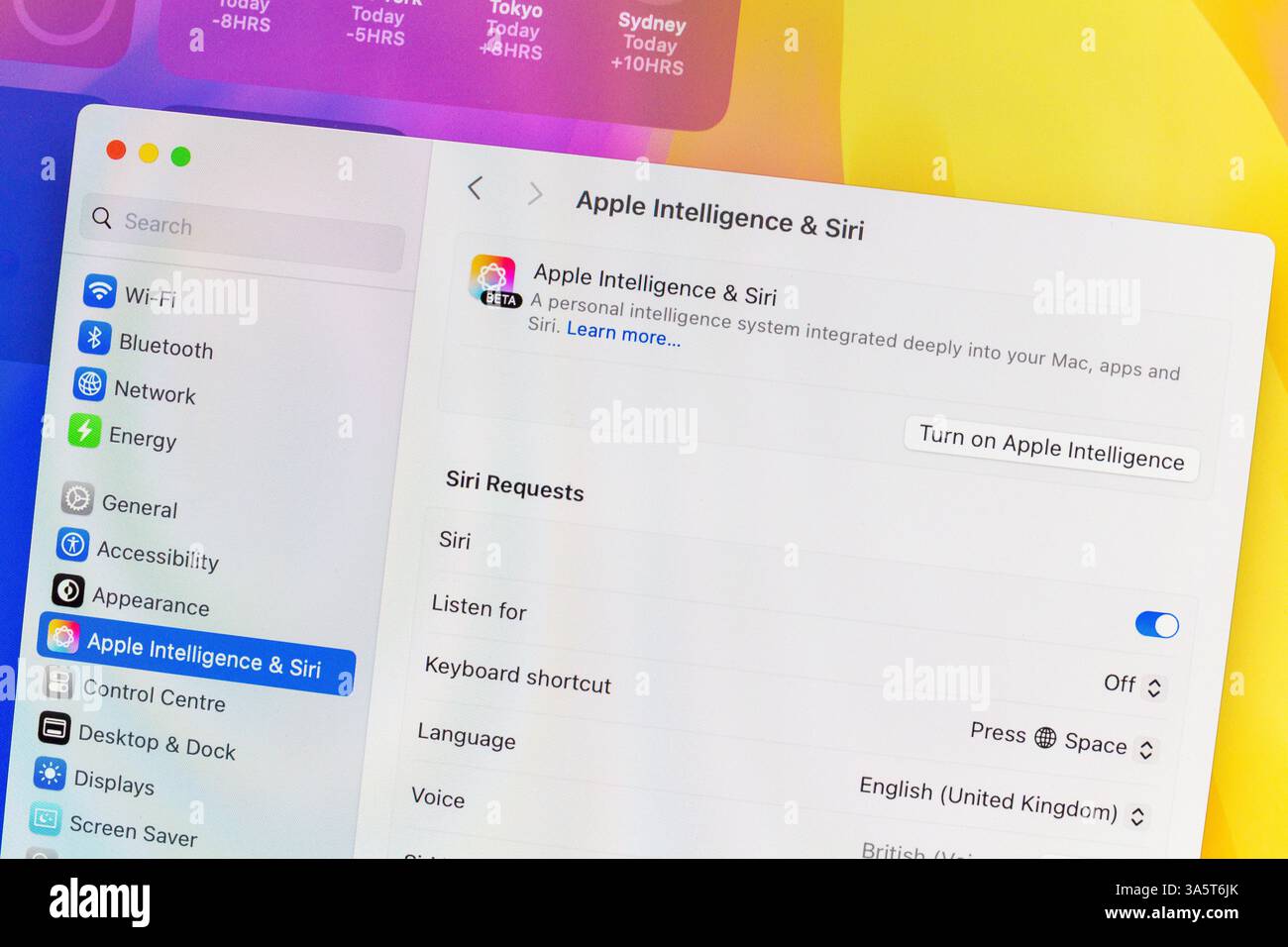Apple imac computer screen with Apple Intelligence & Siri control panel ...