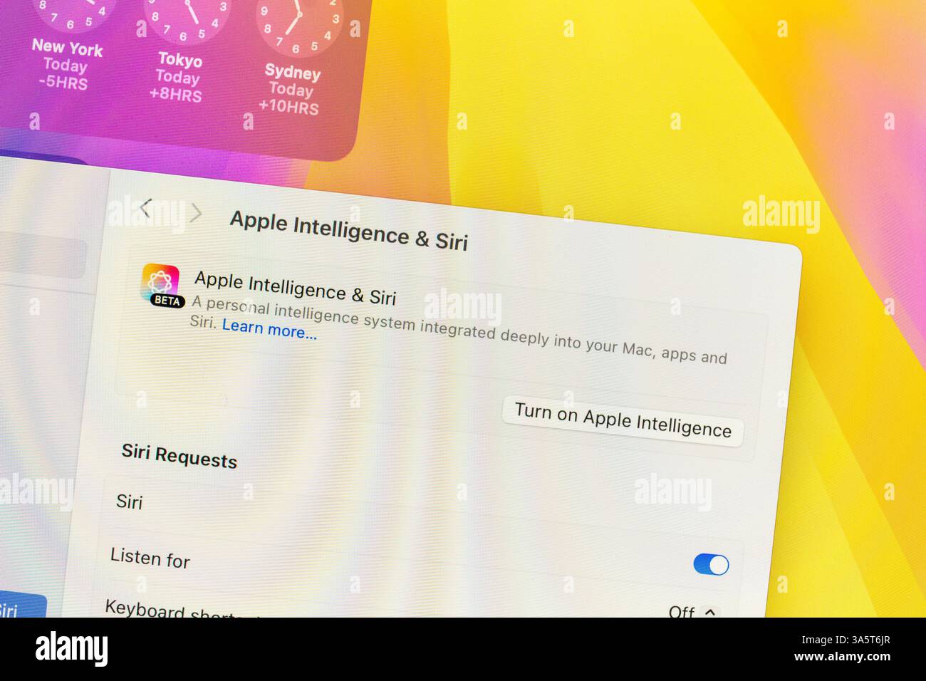 Apple imac computer screen with Apple Intelligence & Siri control panel ...