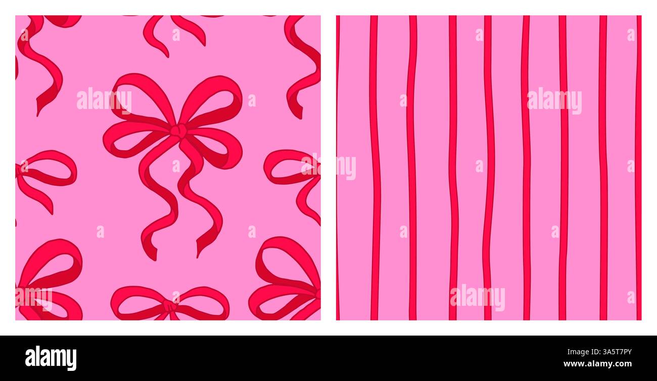 Coquette seamless pattern set. Red Ribbon Bow and Lines. Pretty Girly bows on pink background ...