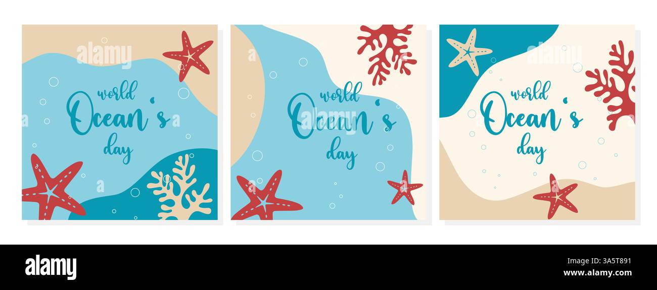 World Oceans Day posters with starfish and corals. Harmonious flowing ...