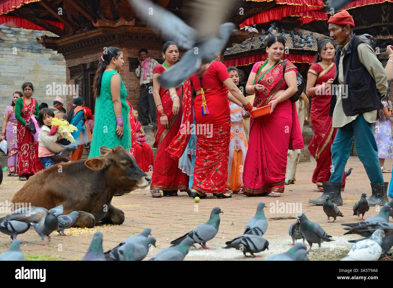 Kathmandu, Nepal - September 18, 2012: Hindu women in traditional sari celebrating the ...