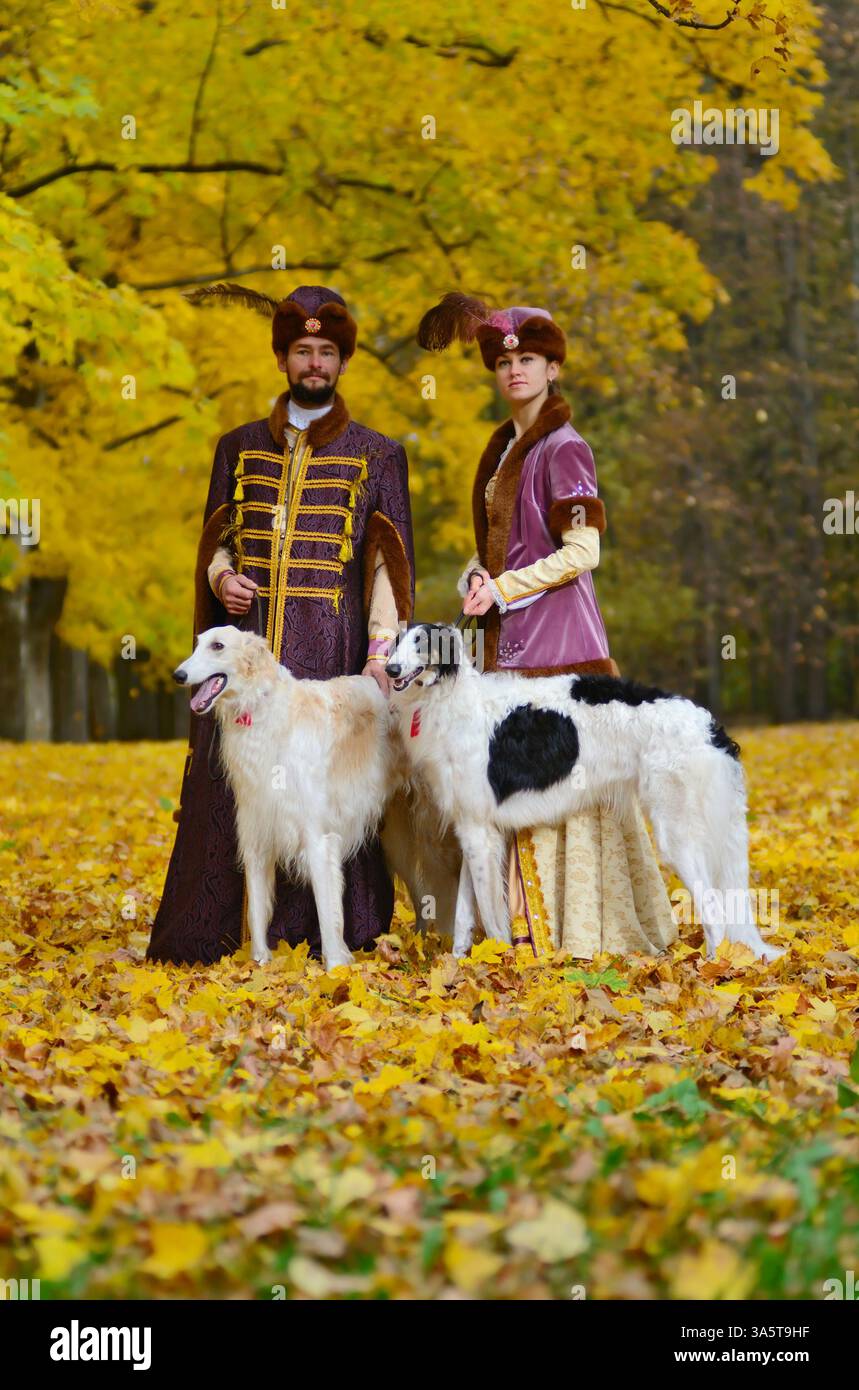 Nesvizh, Belarus - October 12: Couple in traditional medieval costumes ...